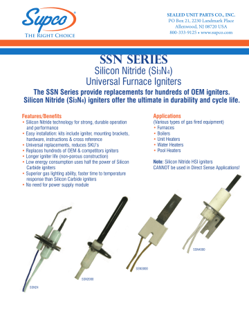 Supco SSN24 SSN Series 24V Hot Surface Ignitor Specification | Manualzz