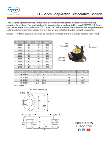 Supco LD145 Therm-O-Disc® 240V 145F Thermostat Specification | Manualzz