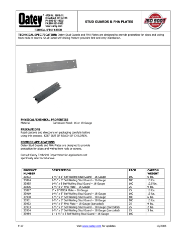 Oatey 33893 16 ga Studding Guard and FHA Plate Specification | Manualzz
