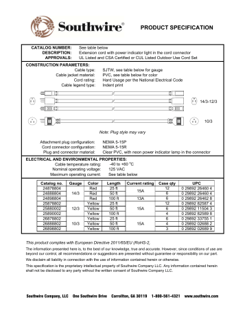 Southwire 025878802 25 ft. Extension Cord Specification | Manualzz