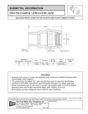Ford Meter Box C84-44-U-NL 1 in. MIP x CTS Brass Coupling Specification ...