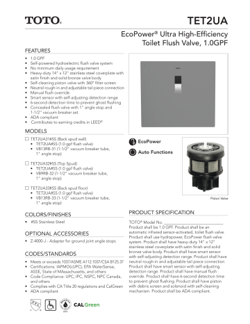 Toto SS EcoPower® 1 gpf Sensor Flush Valve Specification | Manualzz