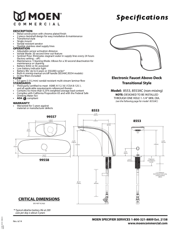 Moen 8553 M-Power™ No Handle Sensor Bathroom Sink Faucet Specification ...