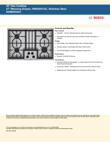 Bosch NGM5054UC/04 Gas Cooktop Spec Sheet | Manualzz