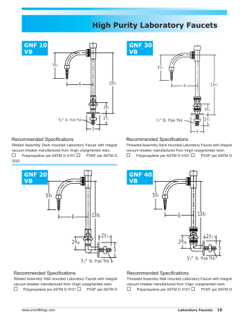 Orion High Purity Laboratory Faucets Specification Sheet | Manualzz