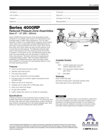 Ames Fire & Waterworks 4000BM2-FP Specification Sheet | Manualzz