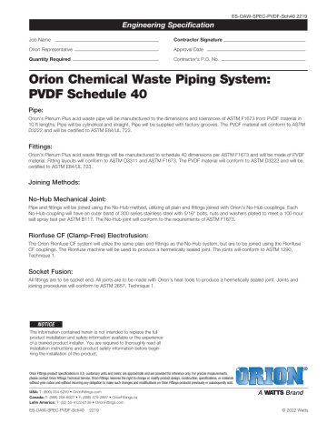 Orion Plenum Plus Chemical Waste Pipe - PVDF Schedule 40 spécification ...