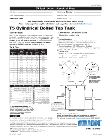 Orion T5 Cylindrical Tanks Specification Sheet | Manualzz