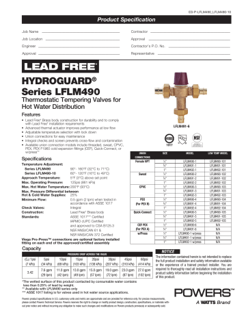 Powers HydroGuard LFLM490 Specification Sheet | Manualzz