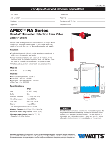 Watts APEX RA Series Specification Sheet | Manualzz