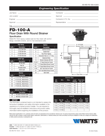 Watts FD-100-A Specification Sheet | Manualzz