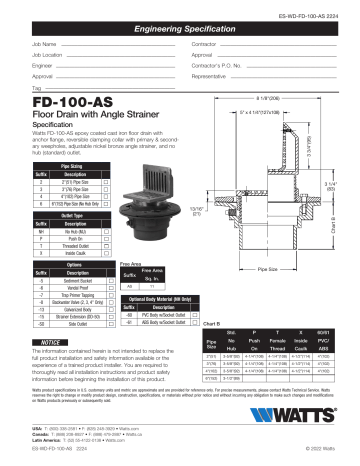 Watts FD-100-AS Specification Sheet | Manualzz