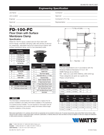 Watts FD-100-FC Specification Sheet | Manualzz