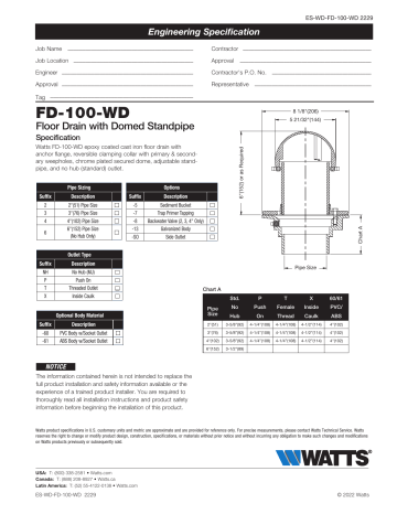 Watts FD-100-WD Specification Sheet | Manualzz