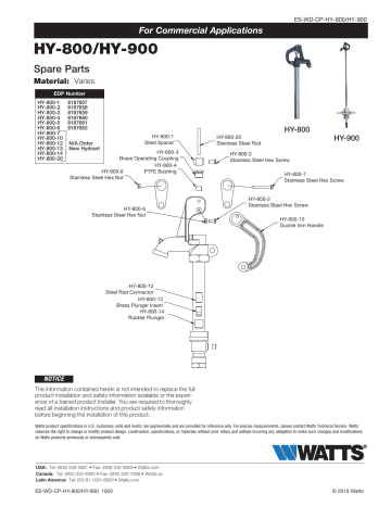 Watts HY-800/HY-900 Specification Sheet | Manualzz