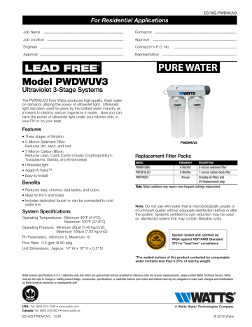 Watts PWDWUV3 Specification Sheet | Manualzz