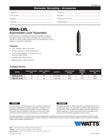 Watts RWA-LVL Specification Sheet | Manualzz