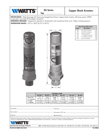 Watts SG-SERIES Specification Sheet | Manualzz
