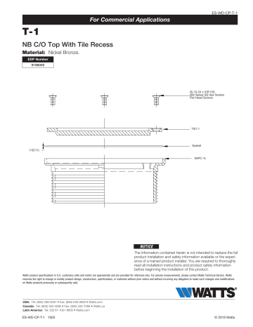 Watts T-1 Specification Sheet | Manualzz