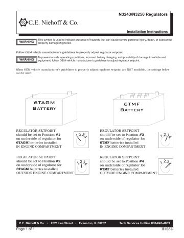 C.E. Niehoff N3243 & N3256 Regulator Installation Instructions | Manualzz