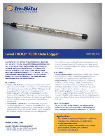In-Situ 0089550 Level TROLL 700H Data Logger Product sheet | Manualzz