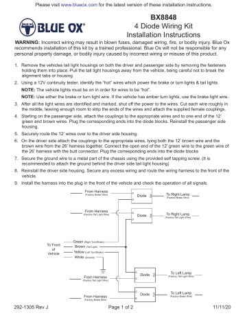 Blue Ox BX8848 Tail Light Wiring Kit, Diode Instructions | Manualzz
