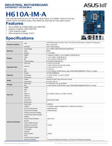 Asus H610A-IM-A AI Accelerator Datasheet | Manualzz