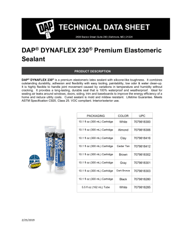 DAP DYNAFLEX 230® Premium Elastomeric Sealant Product sheet | Manualzz