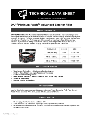 DAP Platinum Patch™ Advanced Exterior Filler Product sheet | Manualzz