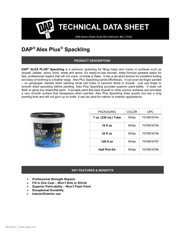 DAP ALEX PLUS® Spackling Product sheet | Manualzz