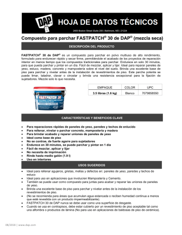 DAP FASTPATCH 30® Patching Compound Powder Hoja de datos del producto | Manualzz