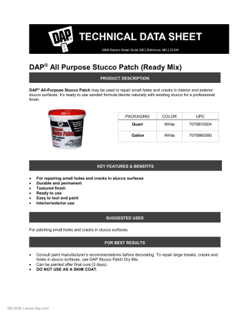DAP All-Purpose Stucco Patch Product sheet | Manualzz