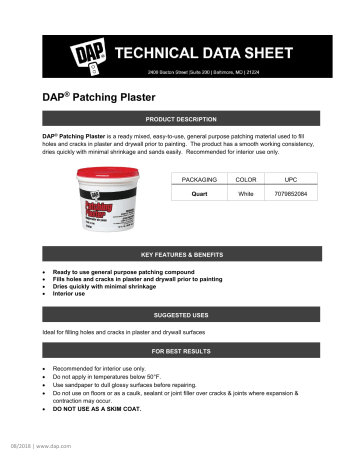 DAP Patching Plaster Product sheet | Manualzz