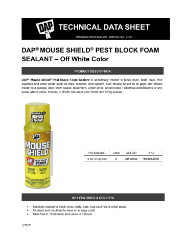 DAP Mouse Shield® Foam Sealant & Blocker Product sheet | Manualzz