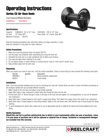 Reelcraft Series CU Hose Reels Service Manual | Manualzz