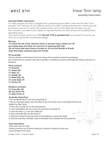 West Elm Linear Floor Lamp Assembly Instructions | Manualzz