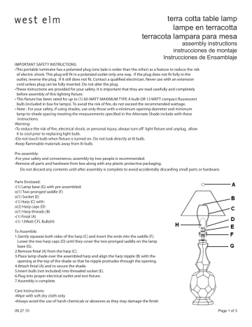 West Elm Terracotta Table Lamp Assembly Instructions | Manualzz