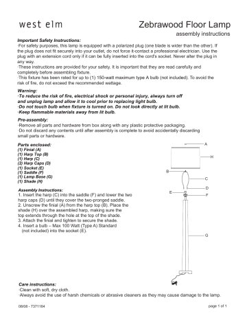 West Elm Zebrawood Floor Lamp Assembly Instructions | Manualzz
