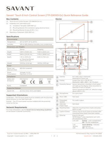 Savant ITP-E8000V2B-00 SAVANT TOUCH 8 INCH CONTROL SCREEN - BLACK Quick ...