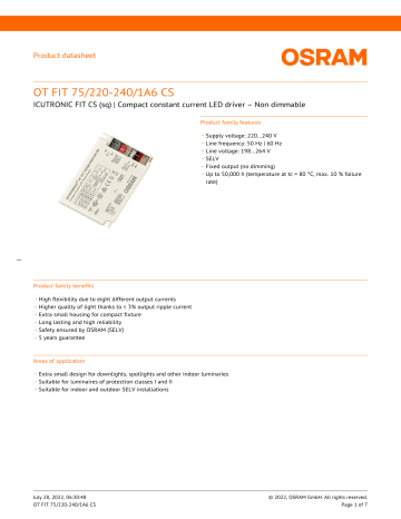 Osram OT FIT 75/220-240/1A6 CS Data Sheet | Manualzz