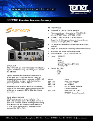 Sencore SCP2100 Receiver Decoder Gateway Specifications | Manualzz