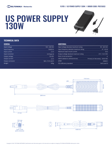 Teltonika US POWER SUPPLY, 130W Datasheet | Manualzz