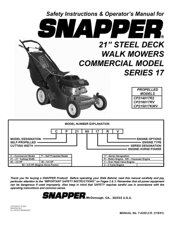 Snapper CP215017KWV Lawn Mower Owner's Manual | Manualzz