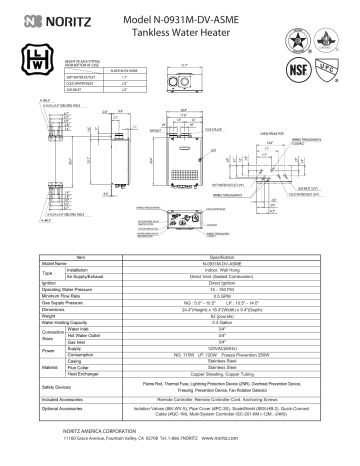 Noritz N-0931M-DV-ASME-LP Spec Sheet | Manualzz