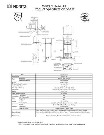 Noritz N-069M-OD-NG Spec Sheet | Manualzz