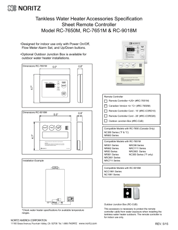 Noritz RC-7651M Remote Controller Spec Sheet | Manualzz