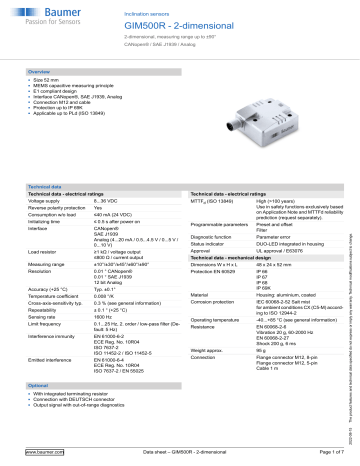 Baumer GIM500R - 2-dimensional Inclination sensor Data sheet | Manualzz