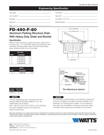 Watts FD-490-F-80 Specification Sheet | Manualzz