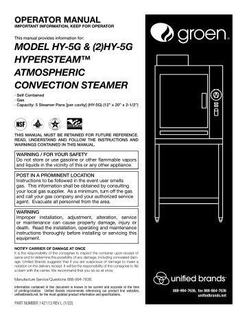 Groen HyPerSteam Pressureless Steamer Owner's Manual | Manualzz