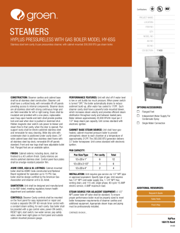 Groen HY-6SG Pressureless Steamer & Gas Boiler Spec Sheet | Manualzz